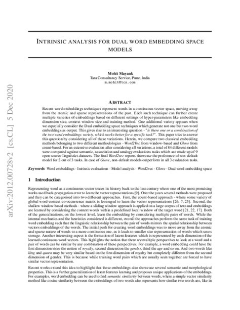 Pdf Intrinsic Analysis For Dual Word Embedding Space Models