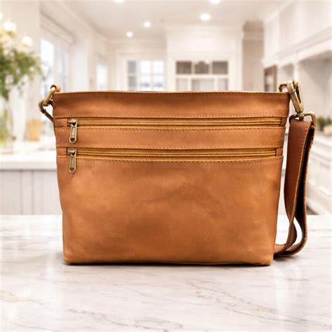 Leather Crossbody Sling Purse With Front Zipper Pockets And Inner Zip
