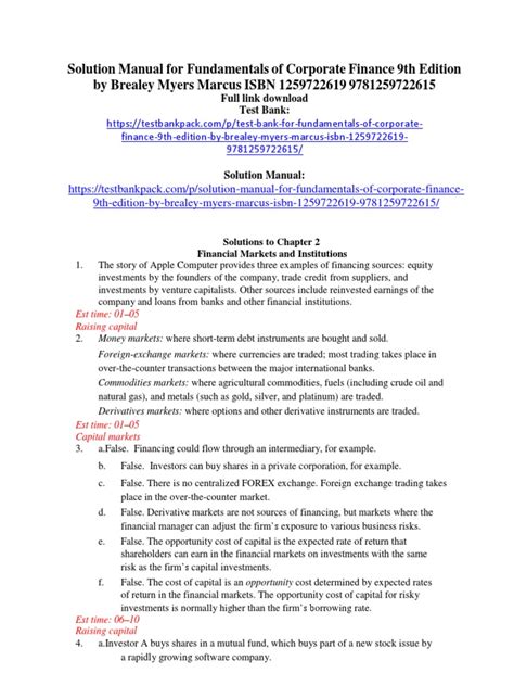 Fundamentals Of Corporate Finance 9th Edition By Brealey Myers Marcus Isbn Solution Manual Pdf