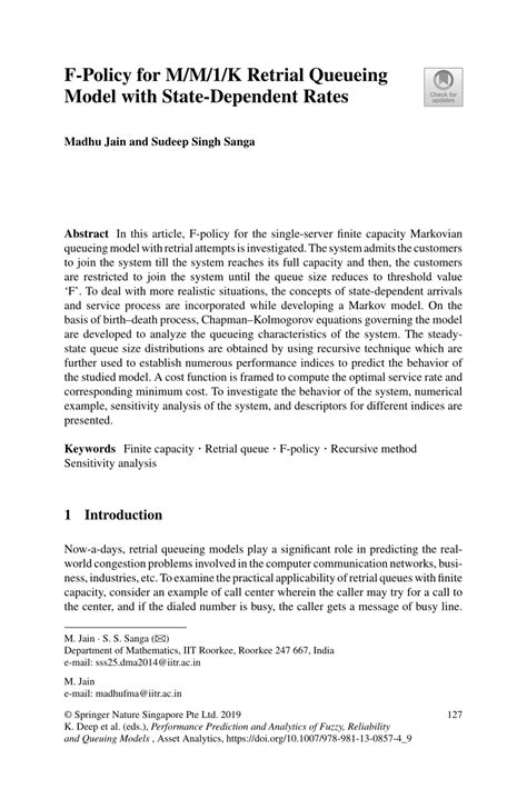 Pdf F Policy For Mm1k Retrial Queueing Model With State Dependent