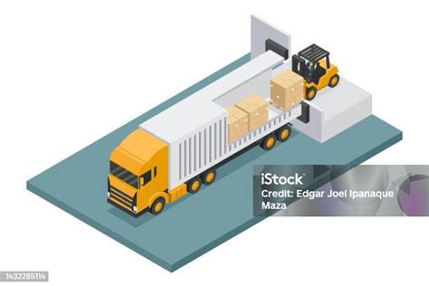아이소메트릭 지게차는 하역 도크의 컨테이너 트럭에서 팔레트에 쌓인 상자를 하역합니다 지게차 트럭 취급시 안전 제품 저장 및 유통의 산업 물류 싣기에 대한 스톡 벡터 아트 및