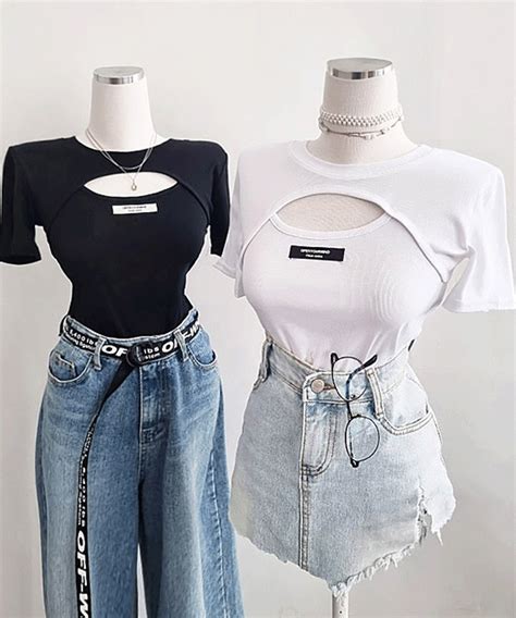 2color 라벨 가슴 트임 반팔티셔츠 에이블리