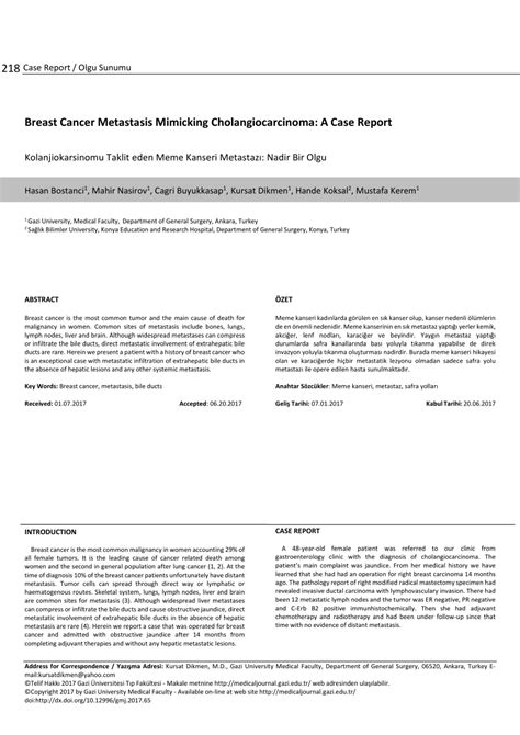 Pdf Breast Cancer Metastasis Mimicking Cholangiocarcinoma A Case Report