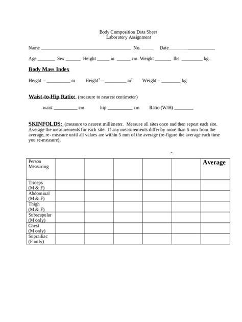 Body Composition Data Sheet Doc Template Pdffiller