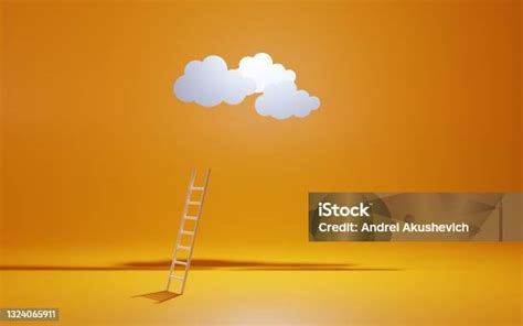 하늘에 계단 기업 발전 커리어 사다리 개발 개념 강화 성공을 달성하기 위한 경쟁 구름 3d 일러스트와 노란색 오렌지 배경에 만화 디자인 3차원 형태에 대한 스톡 사진 및