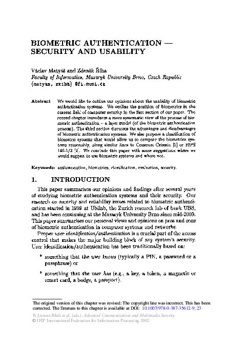 Pdf Biometric Authentication Security And Usability