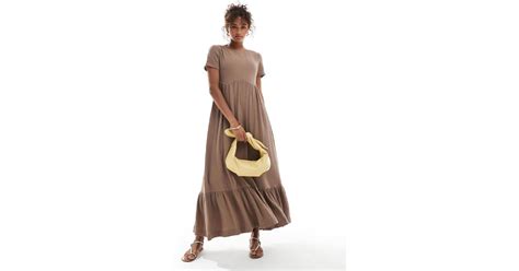 Daisy Street Short Sleeve Smock Tiered Maxi Dress In Natural Lyst