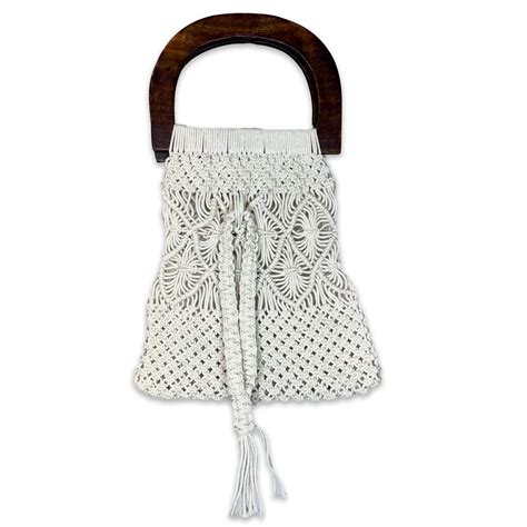 Coco Bag Cotton Macrame Handbag With Dark Wood Handle Anju Jewelry