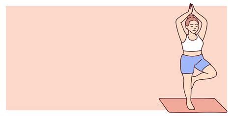 날씬한 여성이 매트에서 요가 연습을 하는 동안 나무 포즈를 취합니다 한쪽 다리로 서서 팔을 들어 올려 조용하고 집중된 균형을 이룬다 텍스트를 위한 추가 공간 가냘픈에 대한