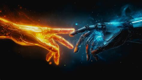Human And Robotic Hands Connecting With Glowing Energy In A Futuristic Moment Of Fusion Stock