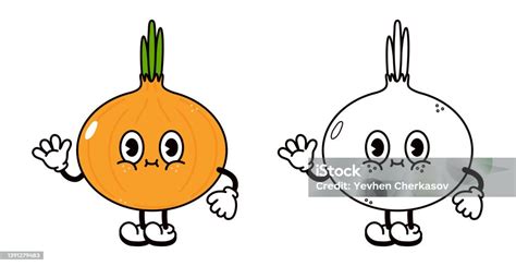 귀여운 재미있는 양파 흔들리는 손 캐릭터 윤곽선 만화 일러스트 레이 션 색칠 공부 책 벡터 손으로 그린 전통 만화 빈티지 복고풍 카와이 캐릭터 흰색 배경에 고립 0명에 대한