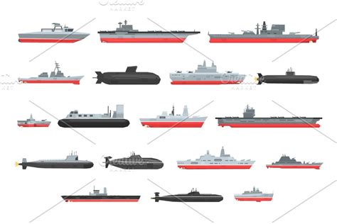 Different Types Of Naval Combat Ships Set Military Boats Ships