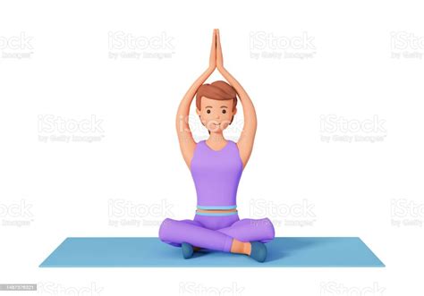 3d 여자 캐릭터는 연꽃 포즈를 취하고 매트에서 요가 운동을 한다 하얀 배경에 고립된 매트 3d 그림에서 편안한 요가 명상 운동을 하는 젊은 여성 3차원 형태에 대한 스톡