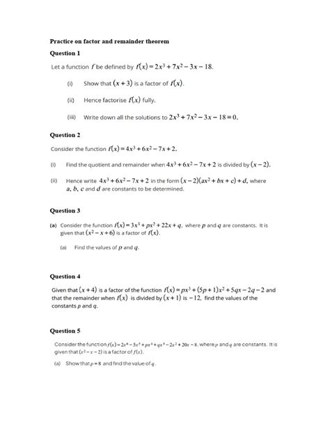 Practice On Factor And Remainder Theorem Questions Pdf