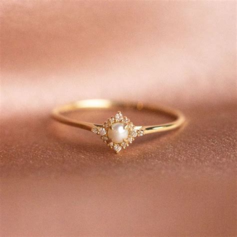 14k Solid Yellow Gold Diamond Pearl Ring Dainty Freshwater Pearl Ring