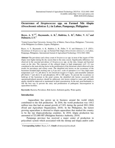 Pdf Occurrence Of Streptococcus Spp On Farmed Nile Tilapia