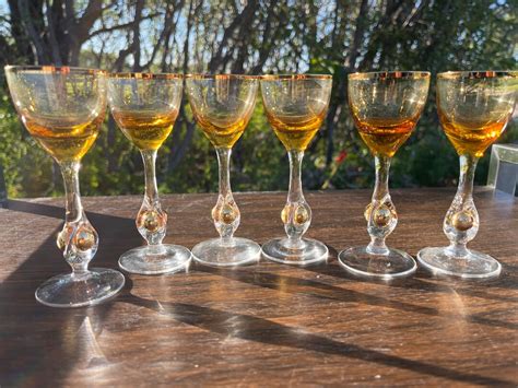 Vintage Czechoslovakia Amber Gold Ball Stem Glasses Mcm Barware Set Of