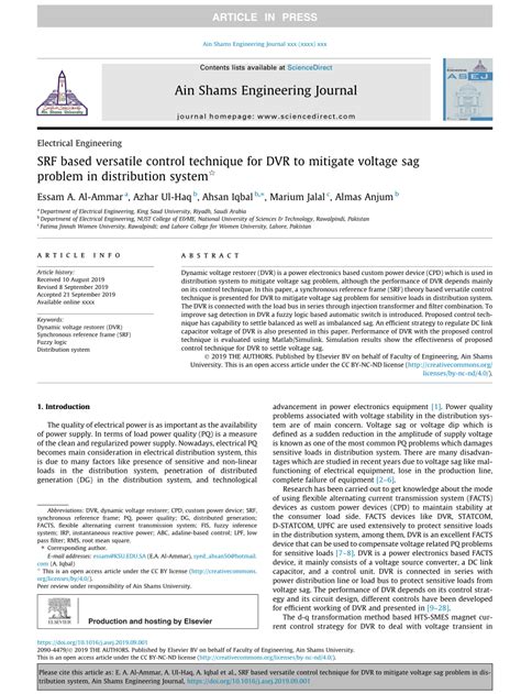 Pdf Srf Based Versatile Control Technique For Dvr To Mitigate Voltage Sag Problem In