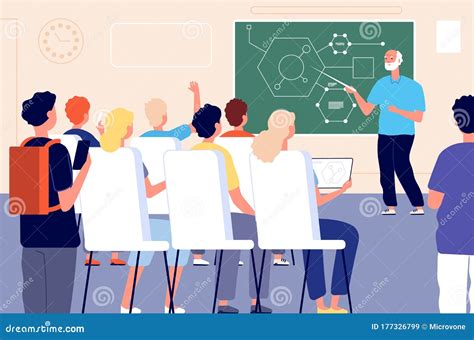 Lesson Teacher Standing Near Blackboard In Classroom Vector