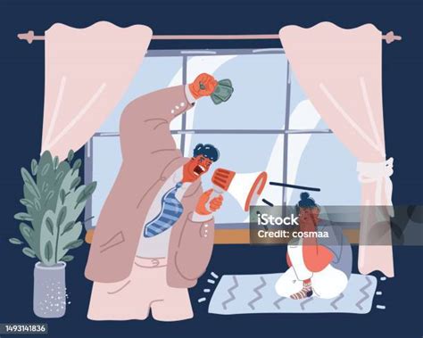 갈등과 의사소통 개념의 문제에 대한 만화 벡터 삽화 확성기를 들고 앉아 겁에 질린 여자에게 비명을 지르는 화난 청년 캐릭터