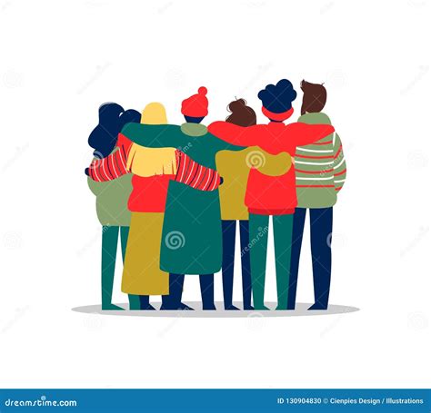 Young People Friend Group Hug In Winter Season Stock Vector