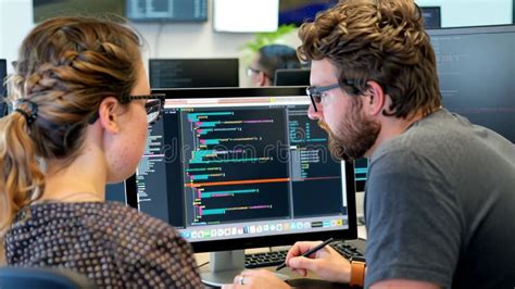 Two Developers Are Engaged In A Collaborative Coding Session At A Modern Office Their Focused