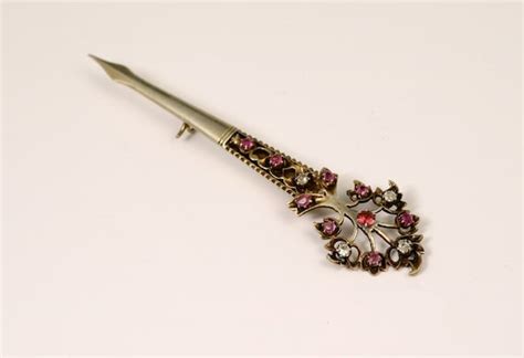 Antique Ceylonese Gilded Silver Brooch Ruby Diamond Gem