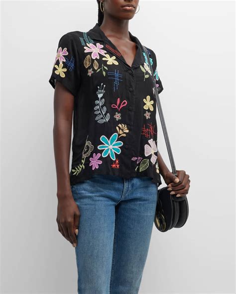Johnny Was Kiki Crinkled Button Down Applique Blouse Neiman Marcus