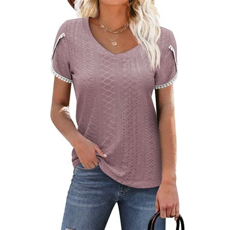 Omicgot Womens Summer Tops Lace Crochet Short Sleeve T Shirts V Neck Blouses Pink Xl