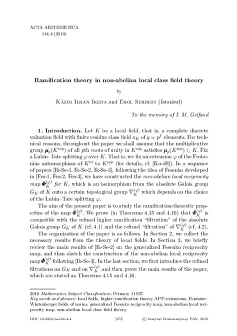 Pdf Ramification Theory In Non Abelian Local Class Field Theory