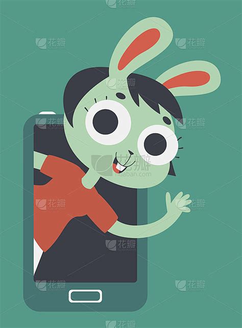 可爱的爱人兔子女孩显示在屏幕手机上