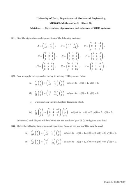 ME10305 2016 2017 Problem Sheet 7b Eigenvalues Eigenvectors And Solutions Of ODE Systems