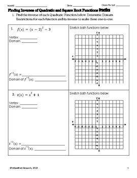 Inverses Of Quadratic And Square Root Functions Worksheet With KEYS
