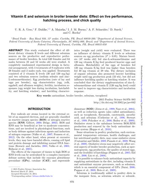 Pdf Vitamin E And Selenium In Broiler Breeder Diets Effect On Live Performance Hatching