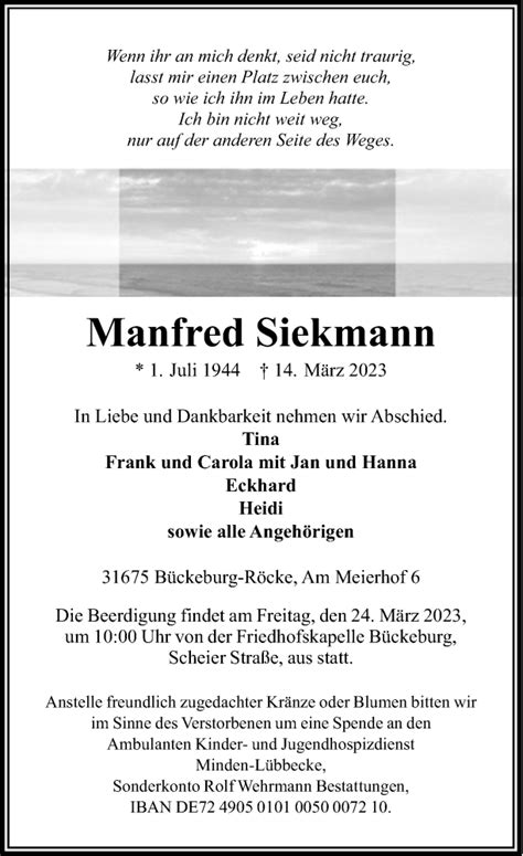 Traueranzeigen Von Manfred Siekmann Trauer Anzeigende