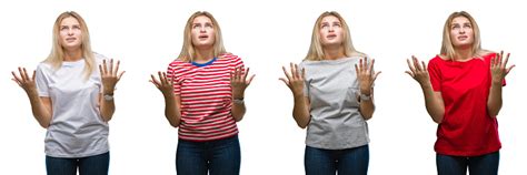 흰색 위에 티셔츠를 입고 젊은 아름 다운 금발의 여 자가의 콜라주 고립 Backgroud 미친 미친 소리 하 고 적극적인 식와 팔 제기 함 좌절 개념입니다 T 셔츠에 대한