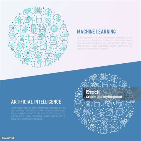 얇은 선 아이콘 원에 기계 학습과 인공 지능 개념 배너 웹 페이지 인쇄 매체에 대 한 벡터 일러스트 가상현실에 대한 스톡 벡터