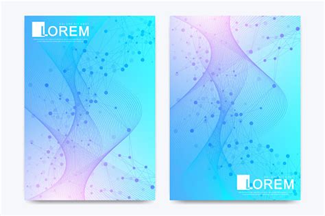 브로셔 전단지 전단지 표지 배너 카탈로그 잡지 또는 A4 크기의 연례 보고서에 대 한 최신 벡터 템플릿입니다 Dna 나선 Dna 가닥 분자 또는 원자 뉴런 웨이브 흐름 라인