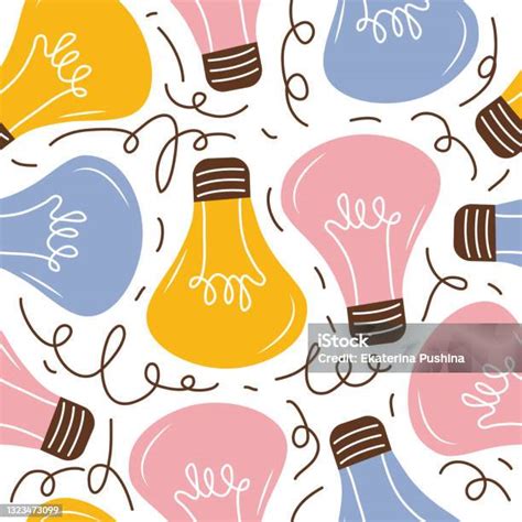 컬러 레코딩 전구 원활한 패턴 분홍색 노란색 파란색의 밝은 빛나는 전구의 배경 에너지 전기 및 유색 광의 요소 벡터 플랫 일러스트레이션 전구에 대한 스톡 벡터 아트 및 기타