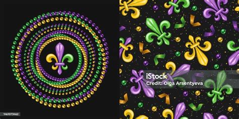 둥근 장식 마디 그라 카니발 장식을 위한 원활한 패턴의 세트 Fleur De Lis 구슬 끈 어두운 배경에 색종이 인쇄물 의류