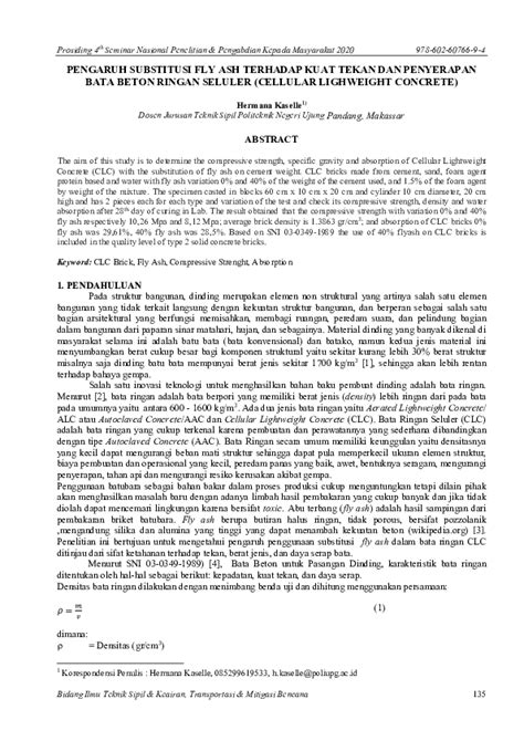 Pdf Pengaruh Substitusi Fly Ash Terhadap Kuat Tekan Dan Penyerapan