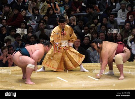 Sumo Wrestlers At The Pre Fight Ritual At The Spring Sumo Tournament In Osaka Kansai Japan