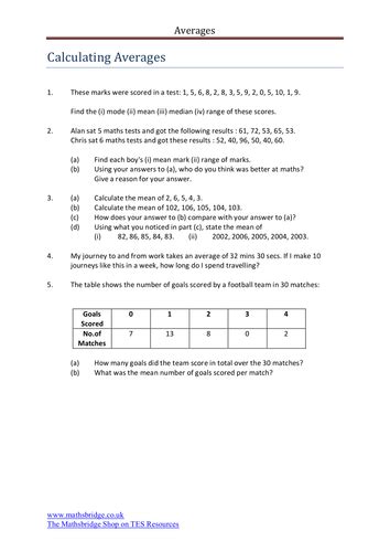 Averages Worksheet Teaching Resources
