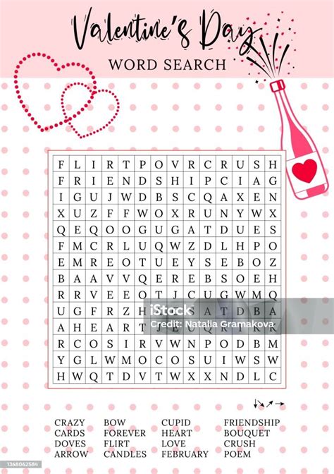 발렌타인 데이 단어 검색 퍼즐 인쇄 가능한 파티 카드 교육 게임 크로스 워드 게임 퀴즈 활동 카드 2월에 대한 스톡 벡터 아트