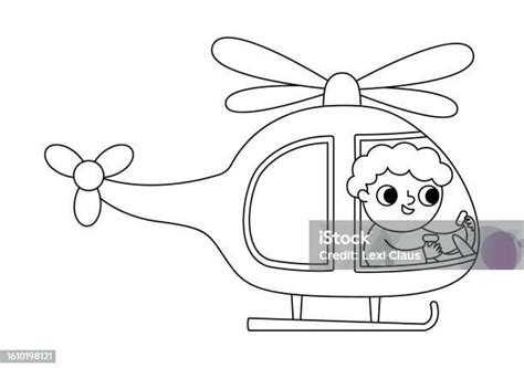 벡터 흑백 헬리콥터는 조종사 아이콘을 가지고 있다 어린이를 위한 항공 운송 아이들을 위한 재미있는 노선 교통 클립 아트 흰색 배경에 분리된 귀여운 헬기 차량 색칠하기