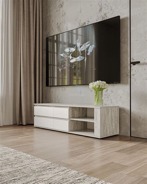 ᐉ Тумба під ТВ з двома дверками без ручок 1500х430х450 мм Бетон Білий • Краща ціна в Києві