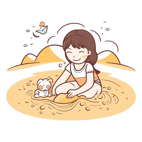 Милая девочка играет с собакой в песке Премиум векторы