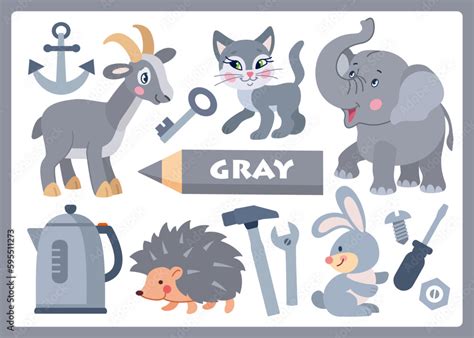 Gray Color Cartoon Illustration For Learning Colors Cute Gray Objects