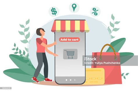 라인 쇼핑 컨셉 플랫 벡터 일러스트레이션에 쇼핑객 가방과 신용 카트와 라인에 구입 행복 작은 여자 Brand Name Mobile Payment에 대한 스톡 벡터 아트 및