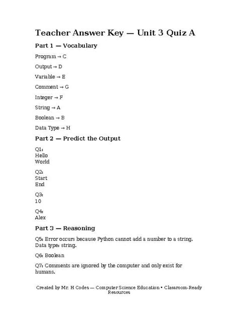 Csp Python Unit 3 Quiz A — Programs Output Variables By Mr H Codes